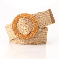 China Straw Woven Elastic Waist Belt 4.5cm Width 100cm Length Wooden Buckle Women Dress Belt for sale