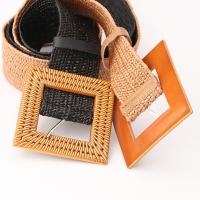 China Straw Woven Elastic Waist Belt 4.5cm Width 100cm Length Wooden Buckle Women Dress Belt for sale