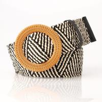 China Straw Woven Elastic Waist Belt 4.5cm Width 100cm Length Wooden Buckle Women Dress Belt for sale