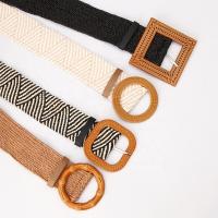 China Straw Woven Elastic Waist Belt 4.5cm Width 100cm Length Wooden Buckle Women Dress Belt for sale