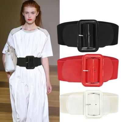 China Women Elastic Belt with Vintage Patent Leather Buckle 7.5cm Wide Adjustable 26-44 Inch for sale