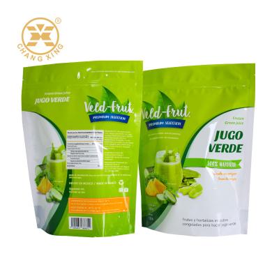 China Custom Printing Sealed Plastic Packaging Bag With Zipper For Green Fruit Juice Frozen Food for sale