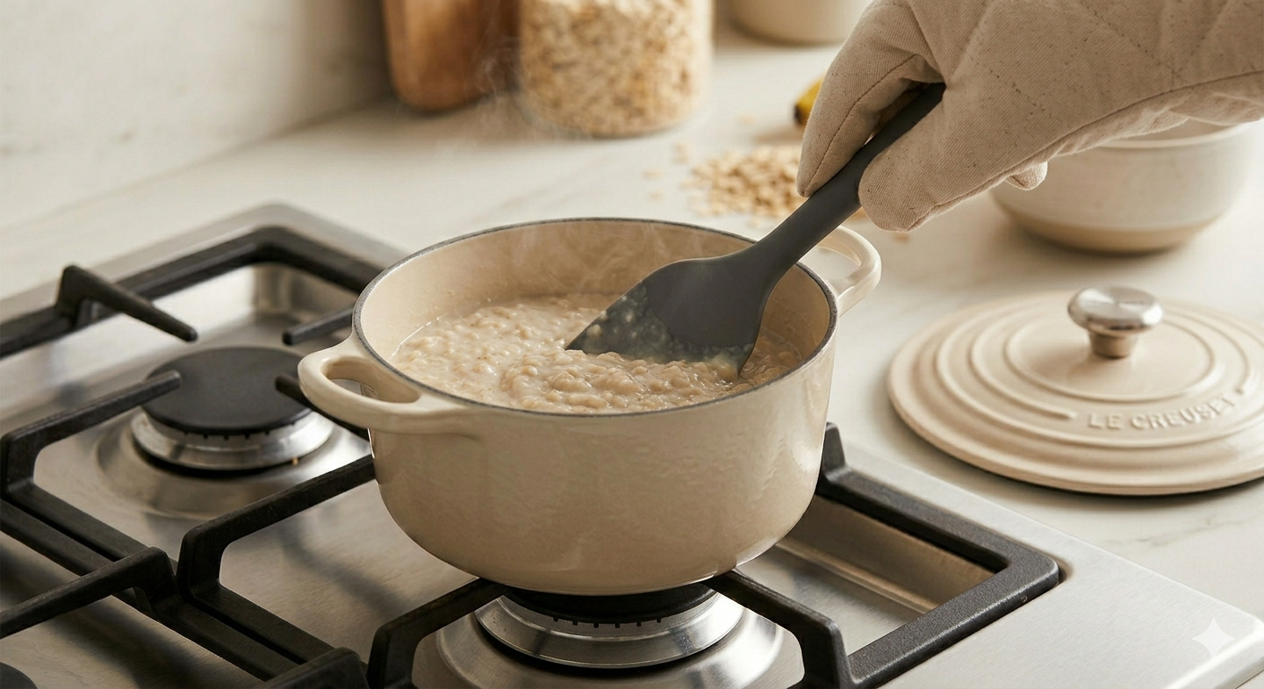 Using a silicone spatula to stir creamy baby oats in a mini enamel cast iron pot to prevent sticking.