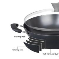 China Cast Iron Skillet Induction Chinese Wok Pan 30cm Wooden Handle Cover for sale