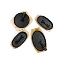 China Pre Seasoned Cast Iron Sizzle Platter Cast Iron Steak Pan sets With Wooden Base for sale