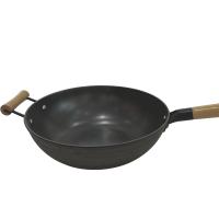 China Cast Iron Skillet Induction Chinese Wok Pan 30cm Wooden Handle Cover for sale