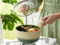 China High Performance Aluminum Casserole Pan Non Stick With Heat Resistant Handles And Glass Lid for sale