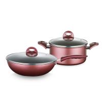 China Multifunctional Burgundy Non-Stick Aluminum Cookware 3-Piece Set for sale