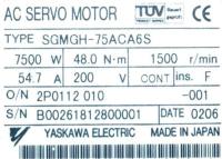 China SGMGH-75ACA6S  Industrial Dc Servo Motor Drive Yaskawa 54.7A 1500RMP  200V for sale