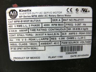 China ALLEN-BRADLEY MPM-B1653F-MJ72AA MP-Series MPM 480V AC Rotary Servo Motor for sale
