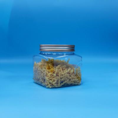 China Food Grade PET Transparent Square Plastic Grip Jar 1260ml with Aluminium Lid for sale