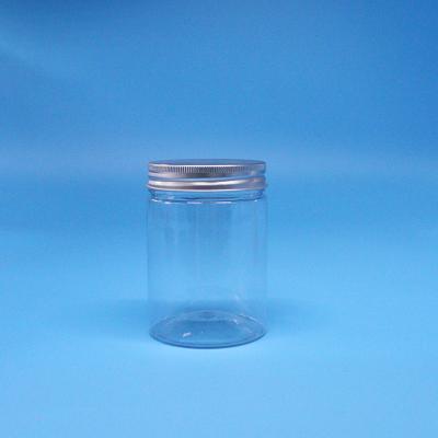China Empty PET Food Grade Cylinder Jar 240ml 65mm Diameter Screw Flat Lid Transparent Candy Container for sale