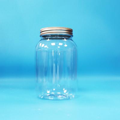 China Food Grade Clear PET Plastic Round Jar 1900ml with Aluminum Screw Flat Cap for Candy Nuts for sale
