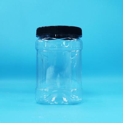 China Transparent Dried Fruit And Nuts Square Shape PET Plastic Grip Jars Black Flat Lids for sale