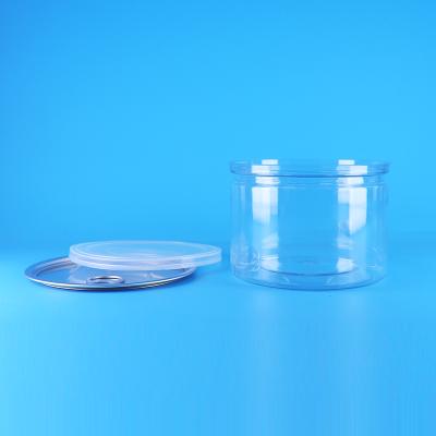China Plastic Transparent PET Round Easy Open Lid Can 420ml 99mm for Food Candy Cookies Snack Tea for sale