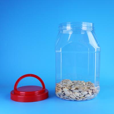 China 2100ml Food Grade PET Plastic Candy Jars with Red Screw Handle Lids 99mm Neck for sale