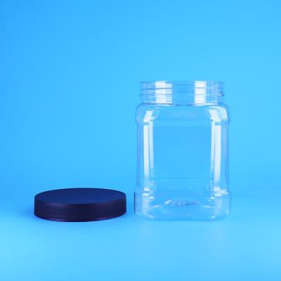 China 850ml Food Grade PET Clear Square Plastic Jars with Screw Lid for Dried Fruit 88mm for sale
