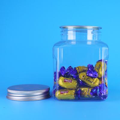 China Clear PET Food Grade Custom Square Plastic Cookie Jar With Aluminum Screw Lid Wholesale for sale