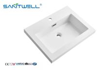China Small Size SWF604 Modern Style Semi- Counter Basins Thick Edge Glossy White Artificial Stone Basins For Bathroom for sale