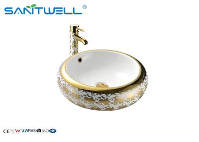 China Decoration White Bathroom Ceramic Art Basin With Tap Golden Edging for sale