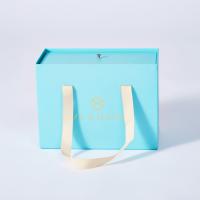 China Luxury Packaging Blue Sliding Drawer Box Customize Bags Gift Box Package With Ribbon Handle for sale
