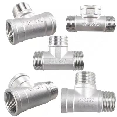 China Casting Stainless Steel Tee Fitting for Water Plumbing Pipe Male Female Threads Equal Size for sale