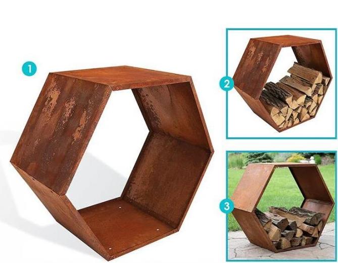 Heavy Duty Hexagon Rustic Corten Steel Honeycomb Firewood Storage Log Rack
