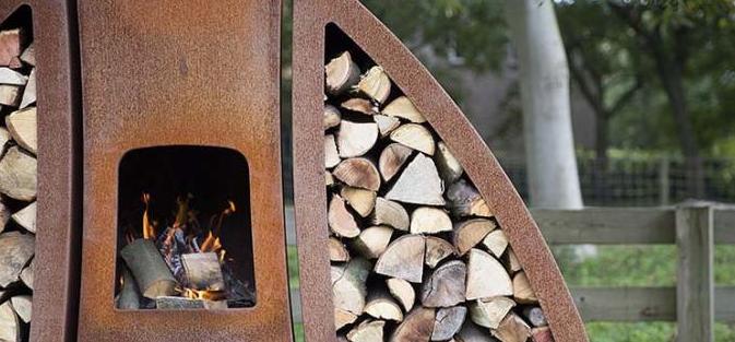 Tendu Design Corten Steel Outdoor Fireplace And Log Storage For Backyard