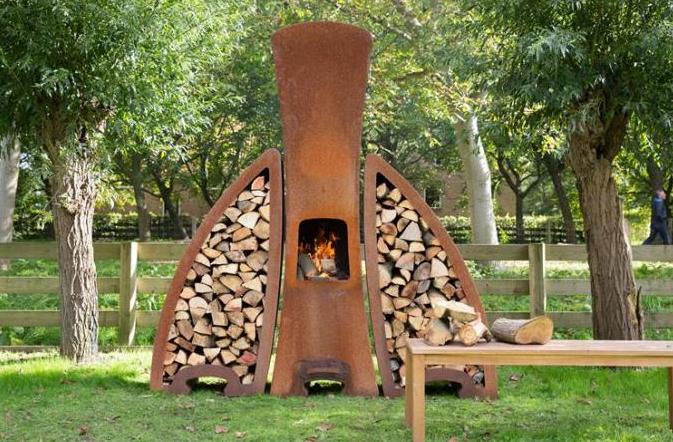 Tendu Design Corten Steel Outdoor Fireplace And Log Storage For Backyard