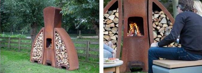Tendu Design Corten Steel Outdoor Fireplace And Log Storage For Backyard