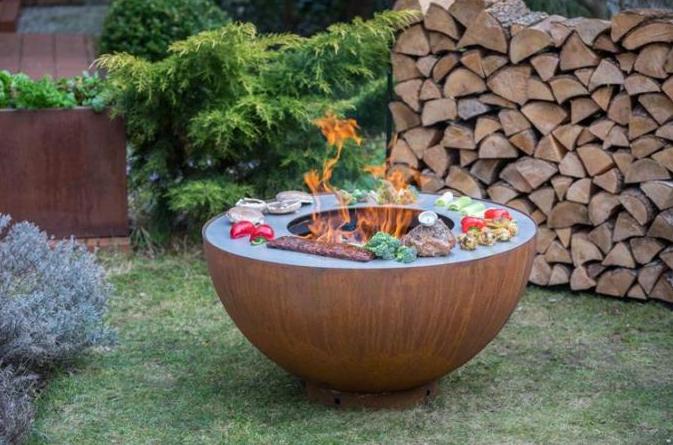 Outdoor Cooking BBQ Natural Rusted Corten Steel Fire Bowl With Grill Ring