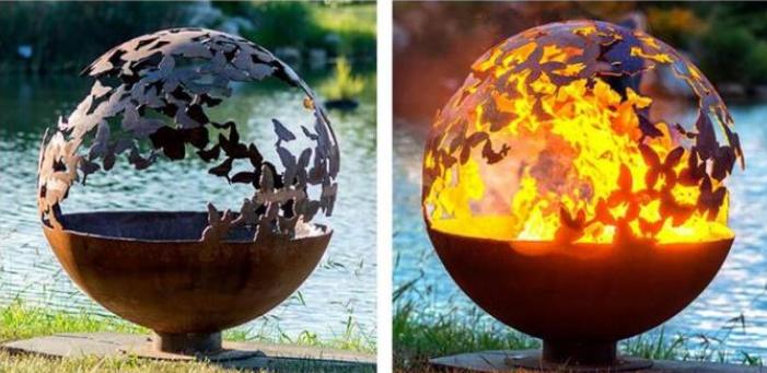 90cm Diameter Patio Heater Butterfly Theme Corten Steel Fire Pit Sphere