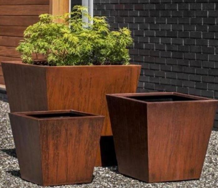 Warm Rustic Color Corten Steel Tapered Square Planter Box For Garden Landscape