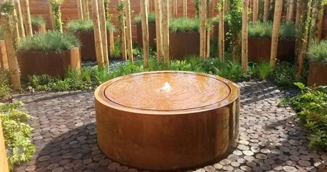 120cm Dia Garden Rust Surface Cylindrical Corten Steel Water Table Fountain