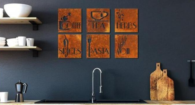 Square Set 6 Kitchen Wall Decorations Rusty Corten Steel House Signs