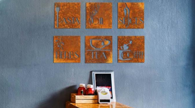 Square Set 6 Kitchen Wall Decorations Rusty Corten Steel House Signs