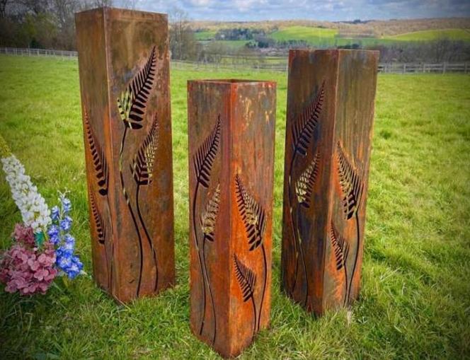 Contemporary Yard Art Rusty Metal Lighting Box Ccorten Steel Column Sculpture