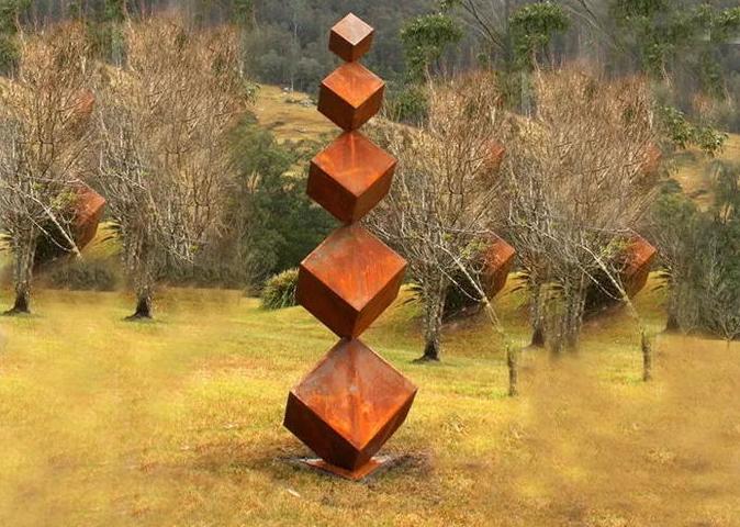 Large Garden Cube Shape Rusty Metal Statues Corten Steel Outdoor Sculpture