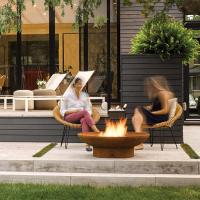 China Weathering Corten Steel Metal Patio Column Fire Pit Carbon Steel Half Ball Sphere Firepit for sale