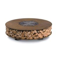 China Round Corten Steel Firewood Storage Outdoor Metal Furniture Wood Holder Fire Pit Table With Chairs for sale