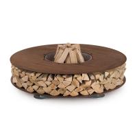 China Round Corten Steel Firewood Storage Outdoor Metal Furniture Wood Holder Fire Pit Table With Chairs for sale