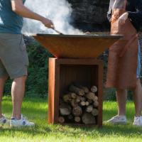 China Rusted Height 100cm Corten Steel Fire Pit Outdoor With Wood Storage for sale