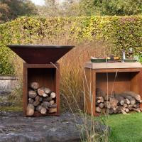 China Rusted Height 100cm Corten Steel Fire Pit Outdoor With Wood Storage for sale
