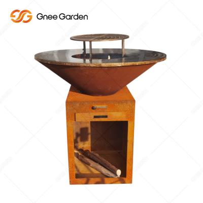China Charcoal Barbeque Grill Outdoor Corten Steel Fire Pit BBQ With Cooking Grill for sale