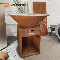 China Wood Burning Corten Steel Outdoor BBQ Table Fire Pit Charcoal Barbecue Grill for sale