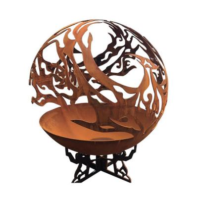 China Phoenix Pattern Steel Fire Pit Outdoor Patio Corten Sphere Firepit For Garden Warming for sale