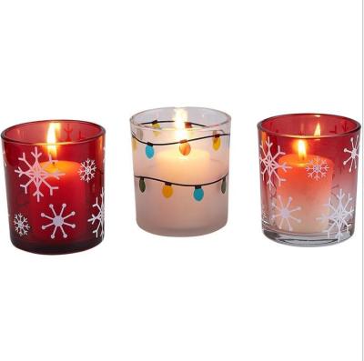 China Red Christmas glass votive candle holder with white snow for Christmas decor ornament for sale
