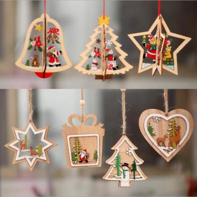 China Wooden hanging star heart tree bell pendant decoration for christmas party decoration for sale