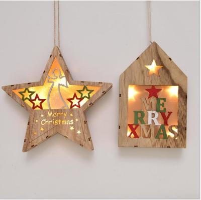 China hanging wooden crafts with led light pendant star house wall decor for christmas home decoration for sale