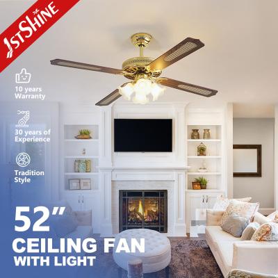 China Fancy Luxury 52 Inches Ceiling Fan with 4 MDF Blades and 4 Light Kits in Gold Finish for sale